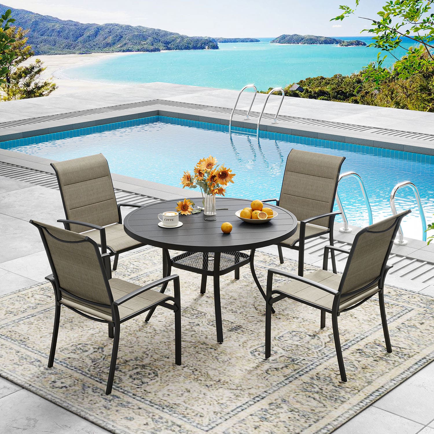 Vicllax 5 7 9 Pcs Outdoor Dining Set Round Metal Table and Stackable Padded Chair