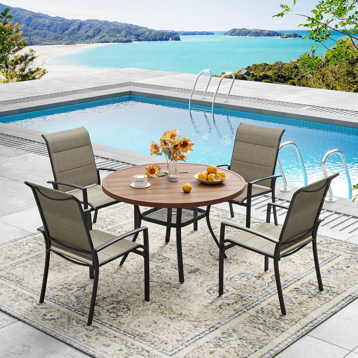 Vicllax 5 7 9 Pcs Outdoor Dining Set Round Metal Table and Stackable Padded Chair