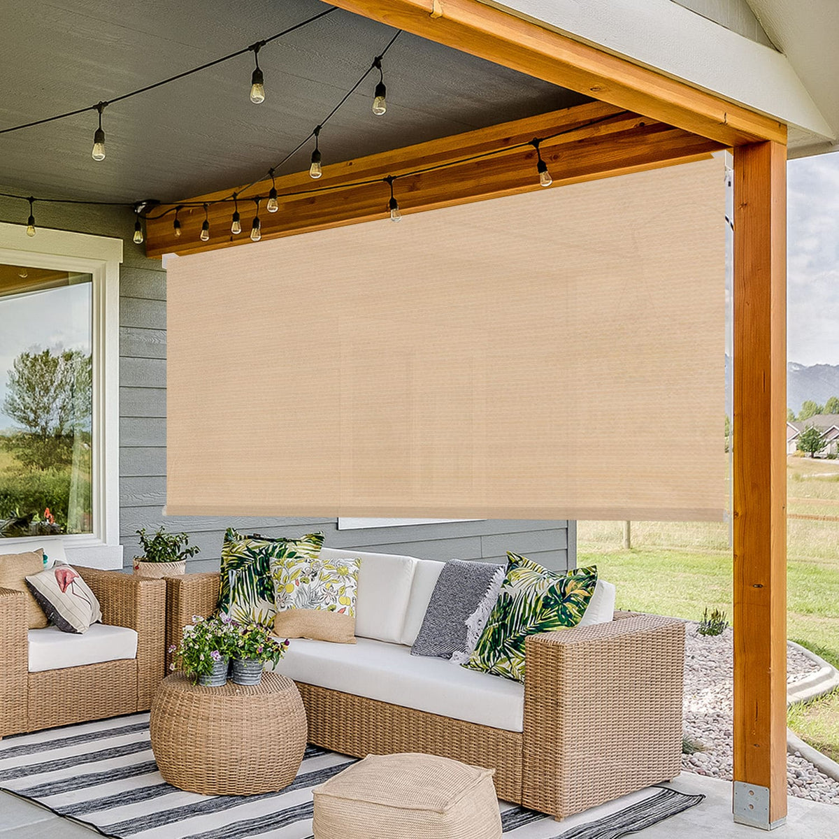 Vicllax Outdoor Cordless Sun Blocking Roller Shade, Patio Crank Roll U