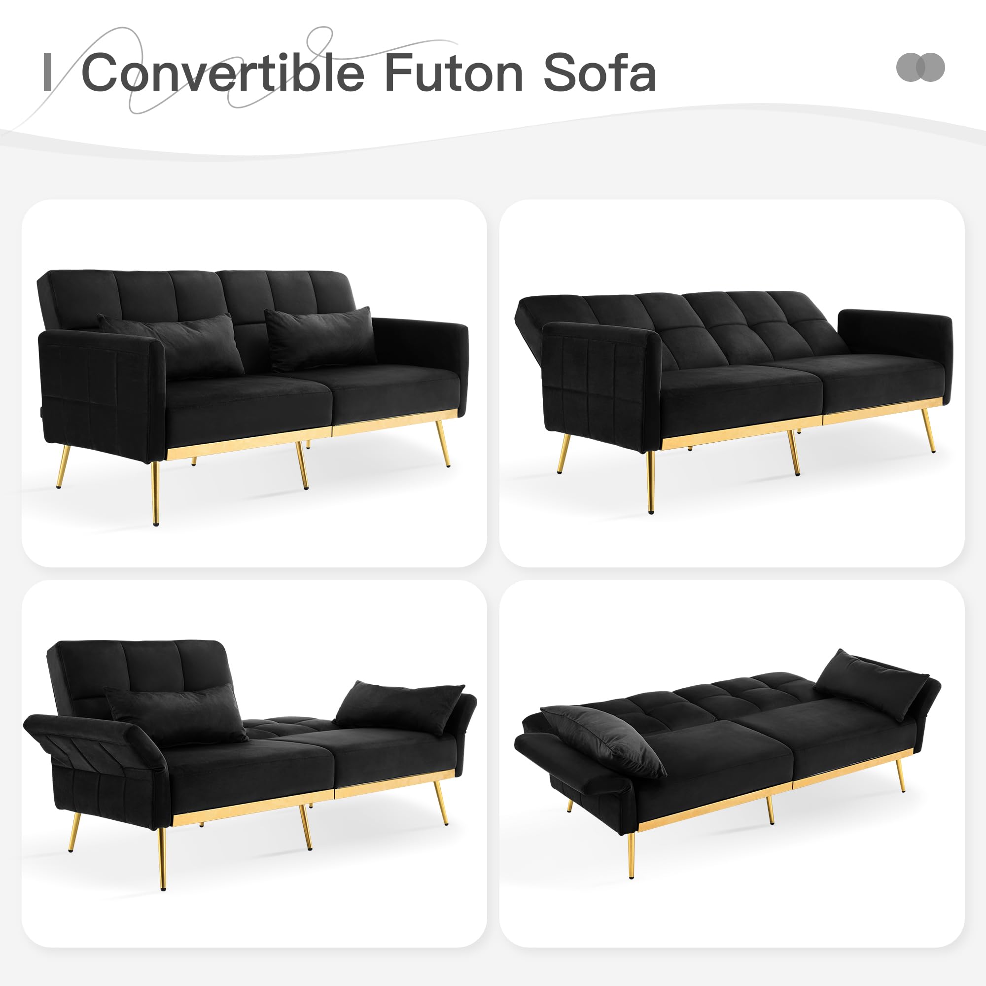Esme 70 Velvet Futon Sofa Bed Convertible Sleeper Sofa Tufted Couch