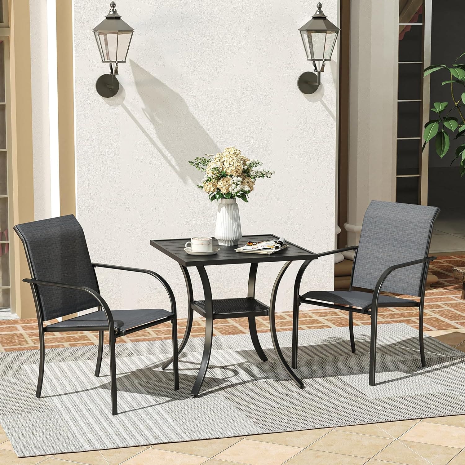 Vicllax 3 Piece Patio Bistro Set Outdoor Stackable Sling Chairs and Black Metal Square Table