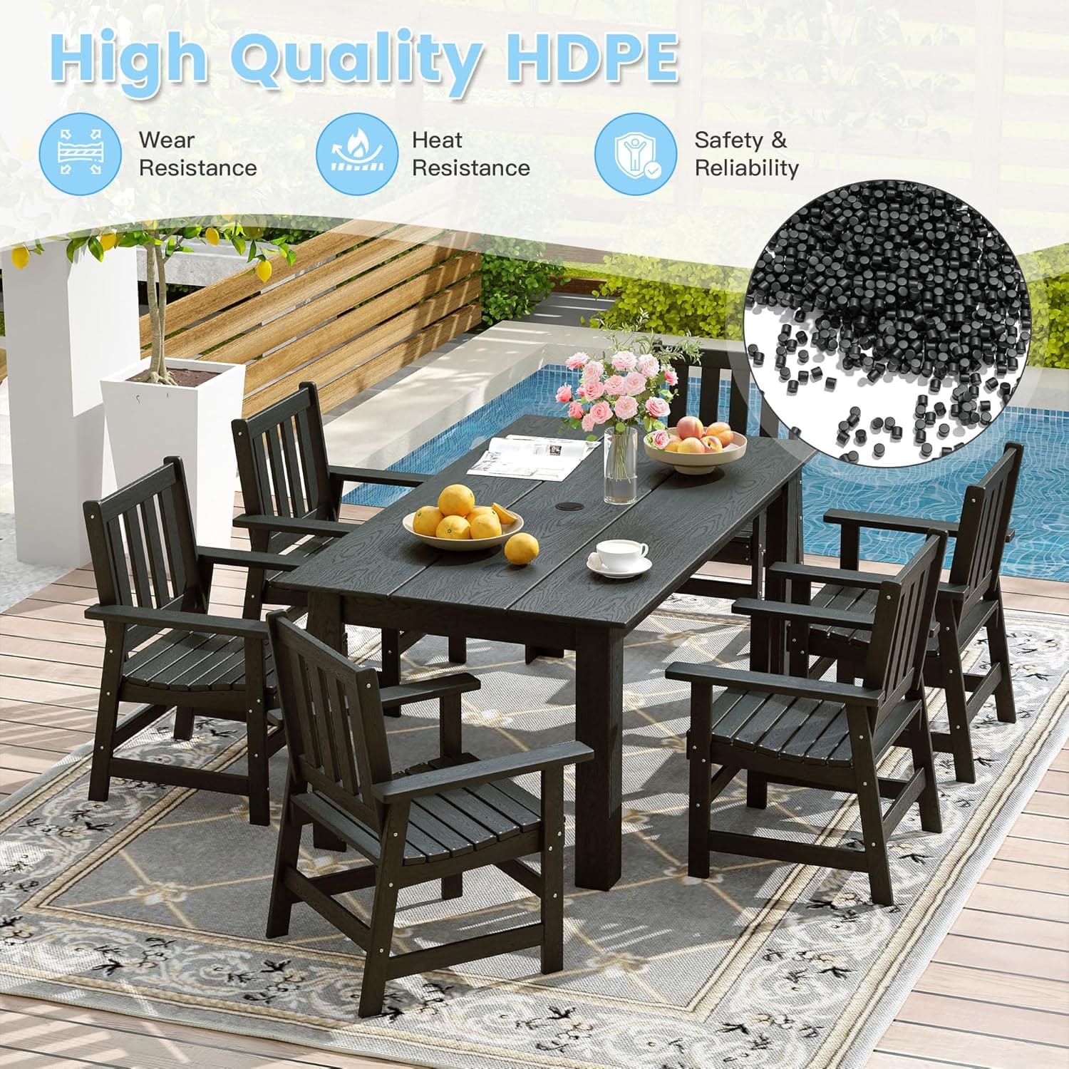 Vicllax 7 Pieces Patio Dining Table and Chairs Set Outdoor HDPE Weather Resistant Outdoor Furniture with Umbrella Hole Suitable for Backyard Garden Lawn Vicllax Outdoor